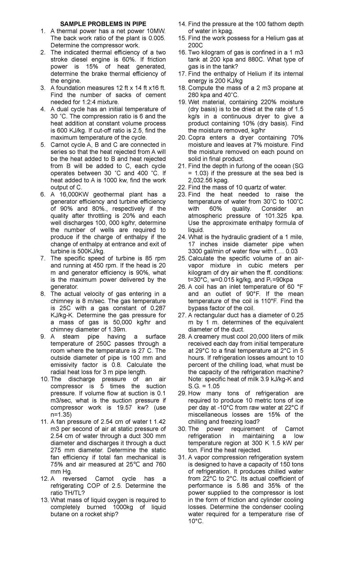 PIPE - Sample Problems in Thermodynamics and Fluid Mechanics - Studocu
