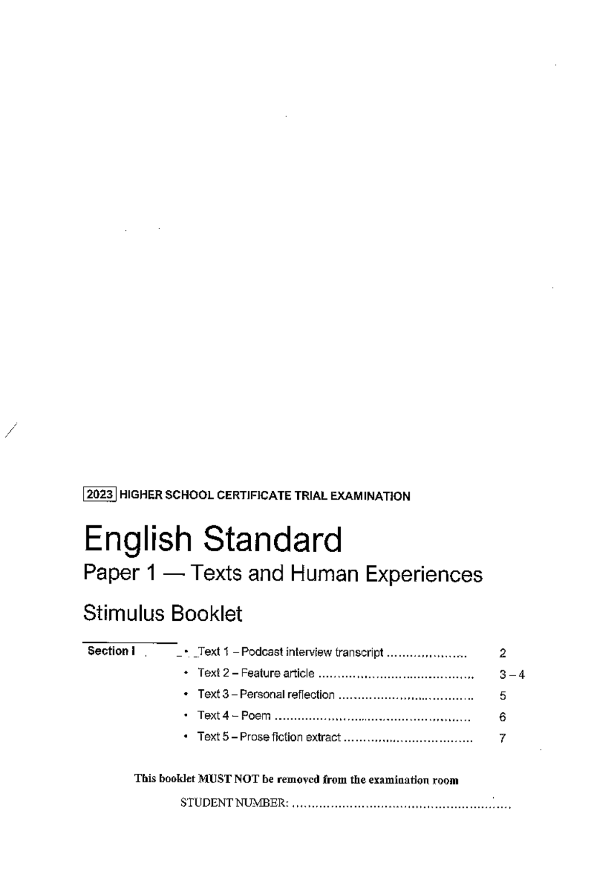 2023 HSC Trial Exam English Std Paper 1: Texts & Human Experiences ...