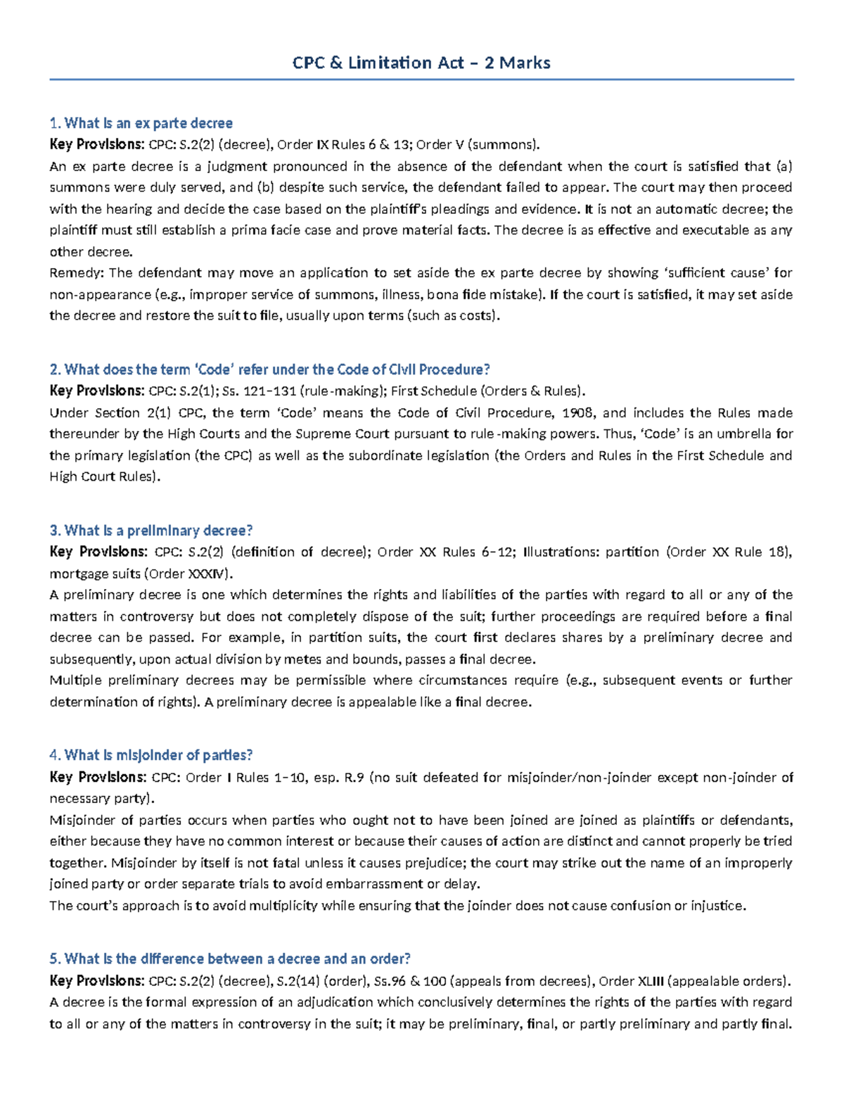 CPC 2 Marks: Key Concepts and Provisions Explained - Studocu
