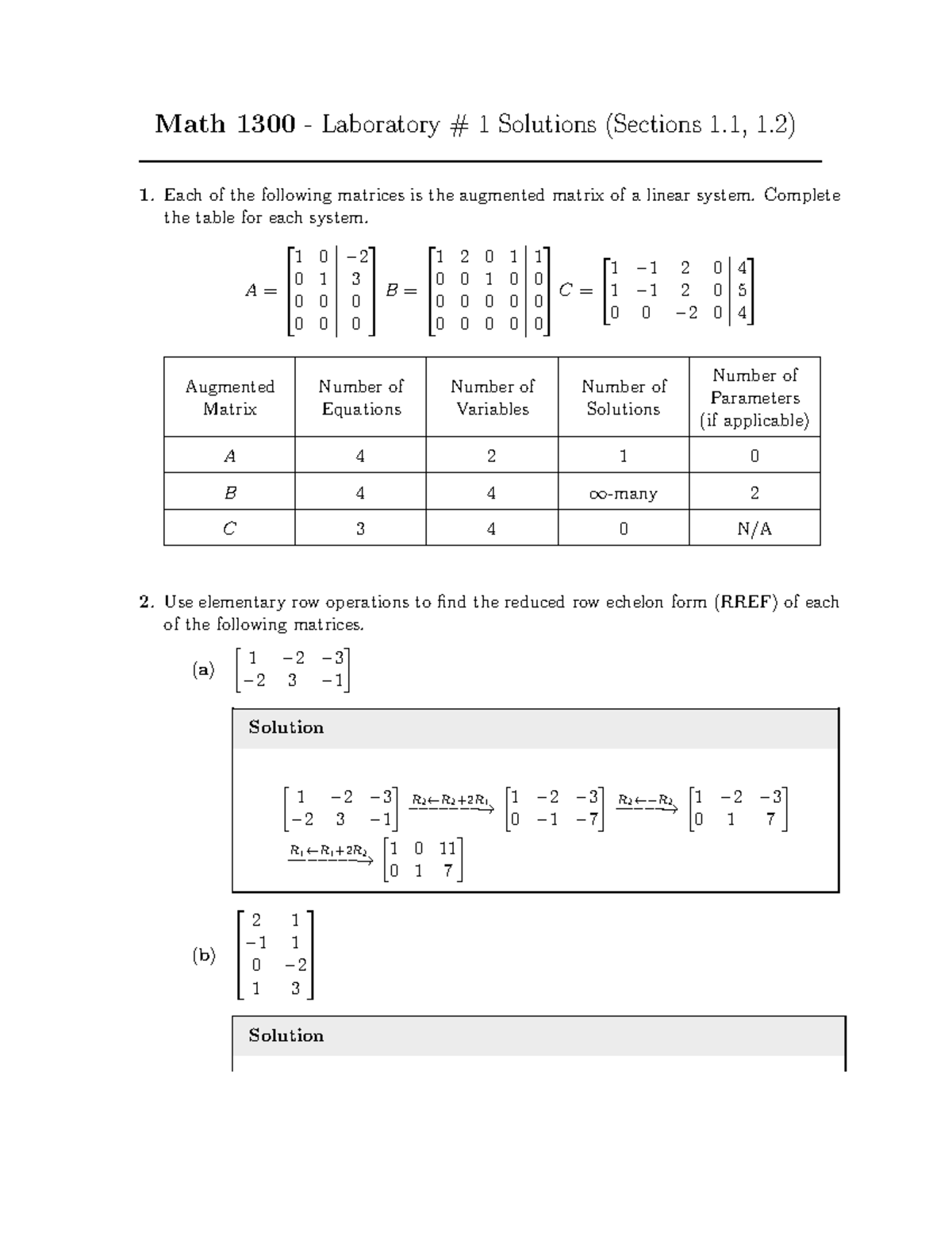 Math 1300 - Lab 1 Solution-2 - Math 1300 - Laboratory # 1 Solutions (Sections 1, 1) Each of the ...