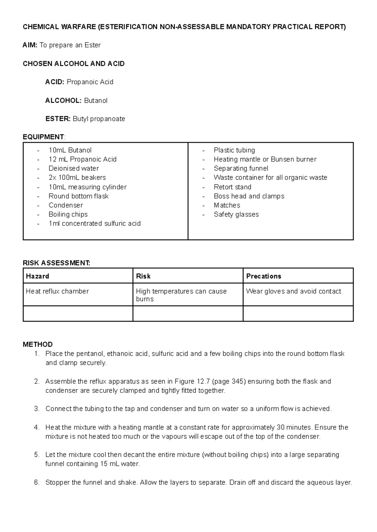 CHEM 101: Esterification Practical Report on Butyl Propanoate - Studocu
