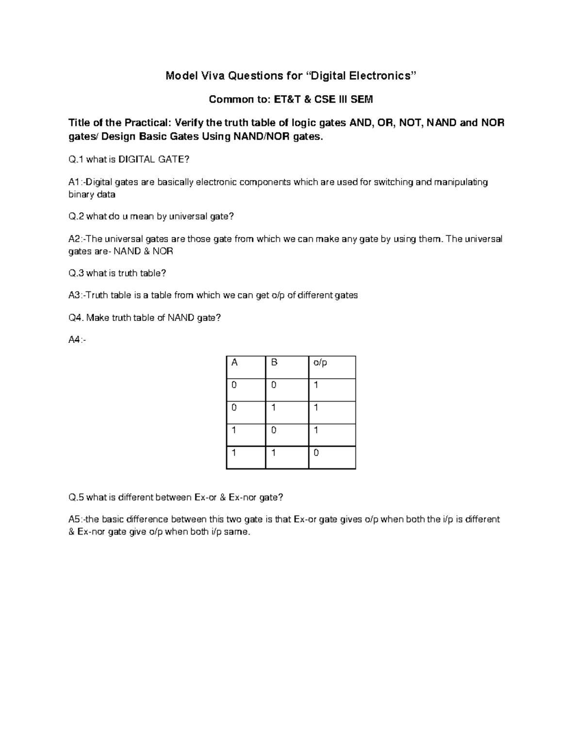 Viva Questions for Digital Electronics (ET&T & CSE III SEM) - Studocu