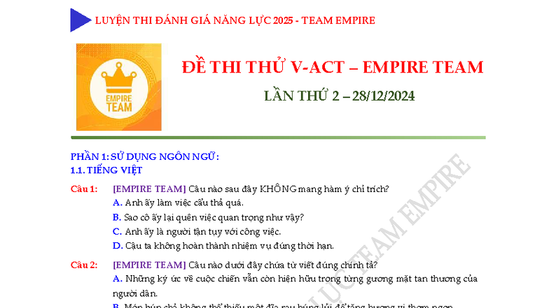 ĐỀ THI THỬ LẦN THỨ 2 VACT 2025 TEAM EMPIRE - Studocu