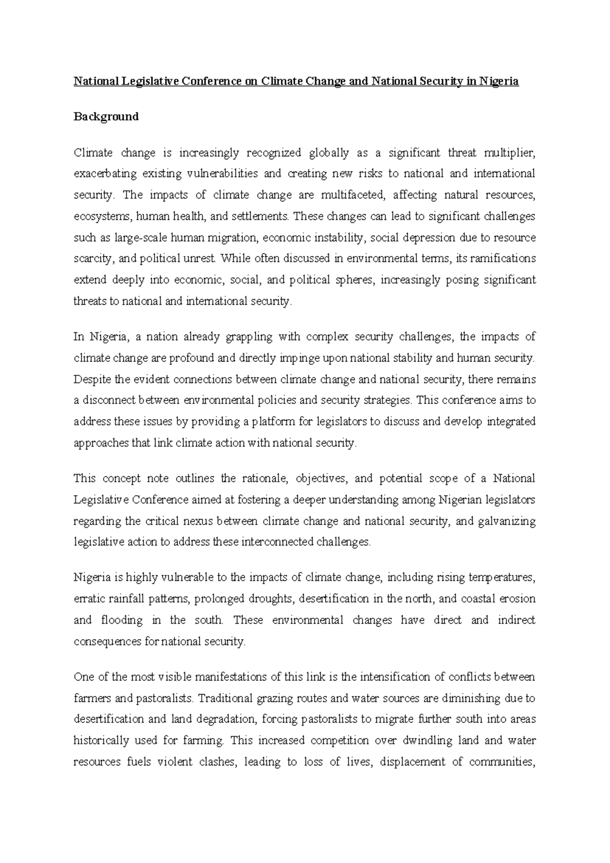 National Legislative Conference on Climate Change & Nat. Security in ...