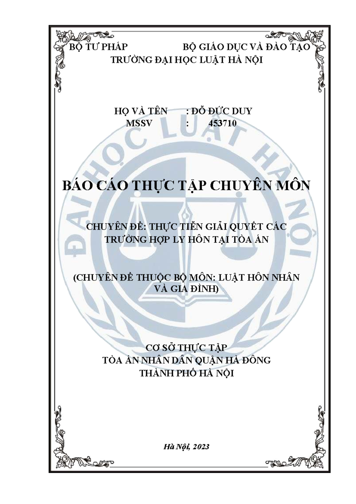 Báo cáo Thực Tập Chuyên Môn: Giải Quyết Ly Hôn Tại TAND Quận Hà Đông ...