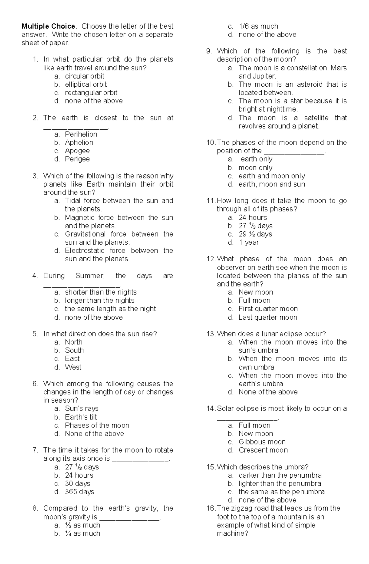 Grade 6 Science Reviewer: Multiple Choice Questions (287647603) - Studocu