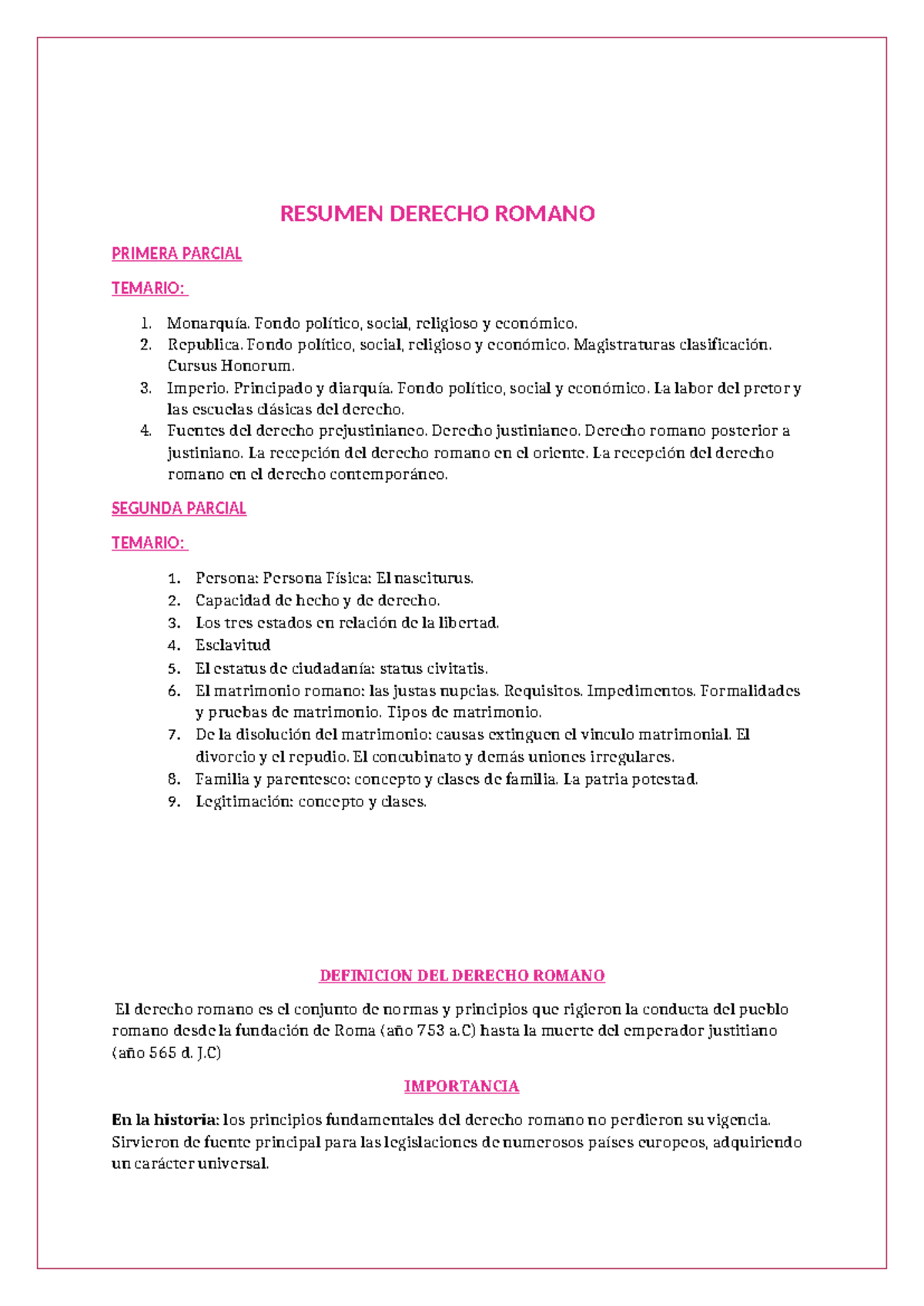 Resumen Derecho Romano - Primera Parcial (DERECHO 101) - Studocu