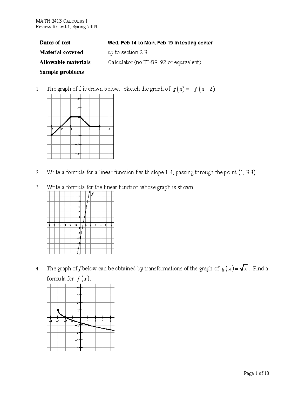 M2413 Calculus I Review for Test 1 - Spring 2004 - Studocu