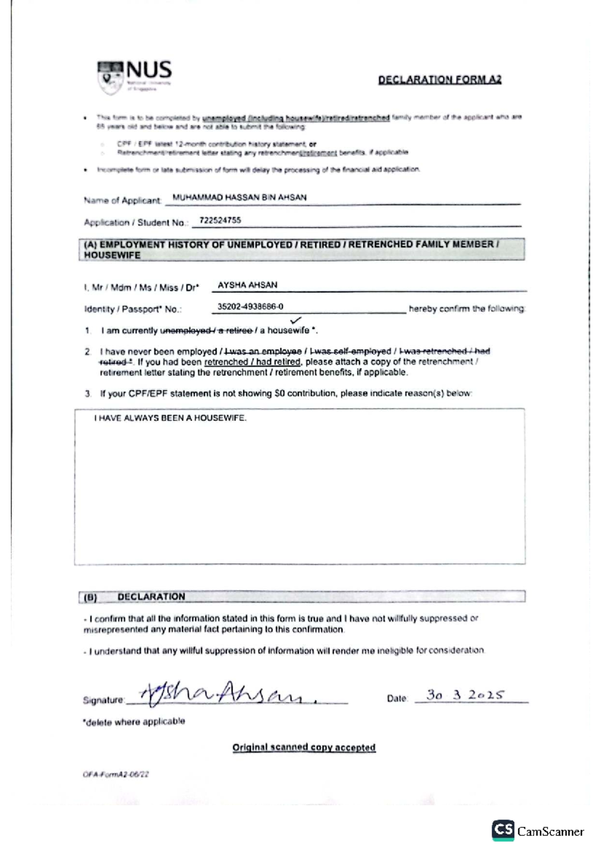 A2 - NUS - NUS DECLARATION FORMA2 This form is to be completed ...