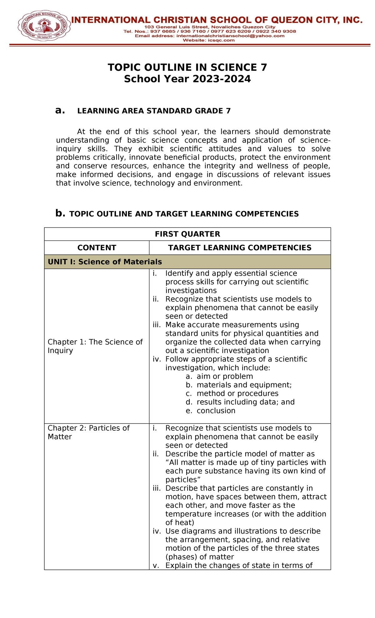 Science 7 Topic Outline for School Year 2023-2024 - Studocu