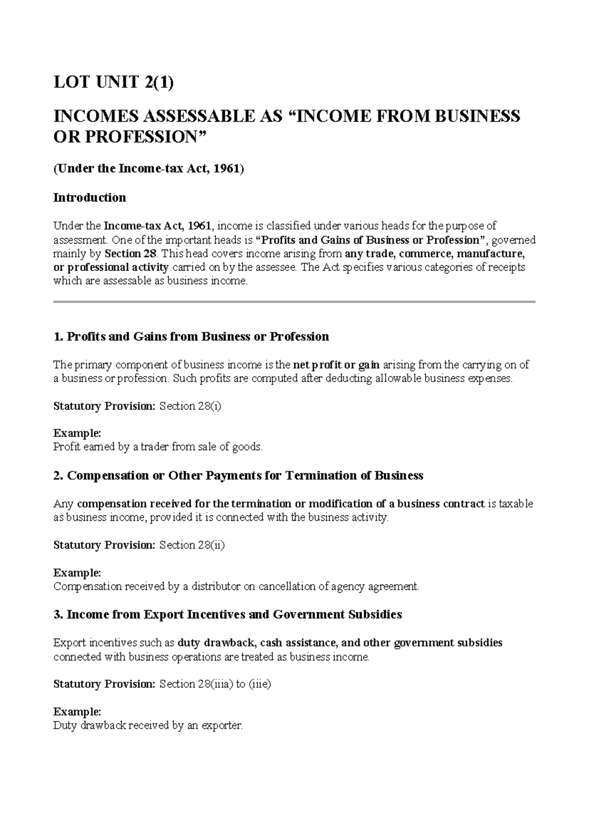 LOT UNIT 2(1) Incomes Assessable as Business or Profession - Studocu