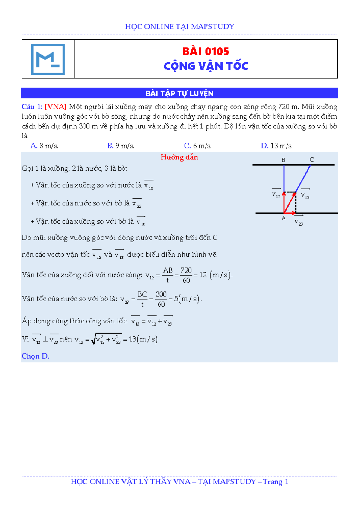 LỜI GIẢI BÀI TẬP TỰ LUYỆN 0105 VẬT LÝ THẦY VNA TẠI MAPSTUDY - Studocu