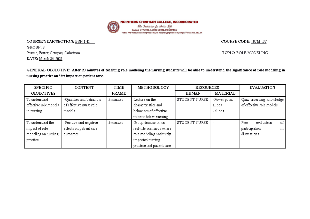 HTP-8 - Health Education Plan on Role Modeling in Nursing (NCM 107 ...