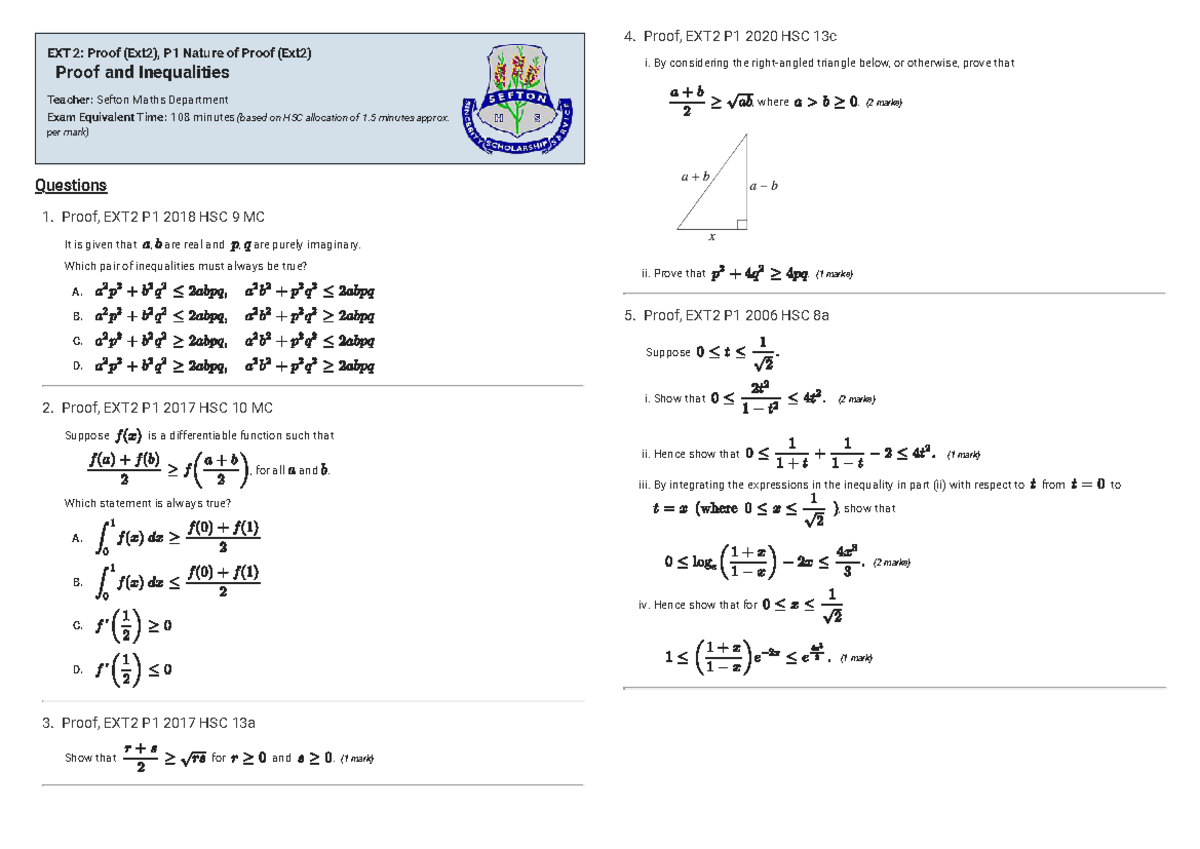 Ext 2 Proof and Inequalities - 1. Proof, EXT2 P1 2018 HSC 9 MC 2. Proof, EXT2 P1 2017 HSC 10 MC ...