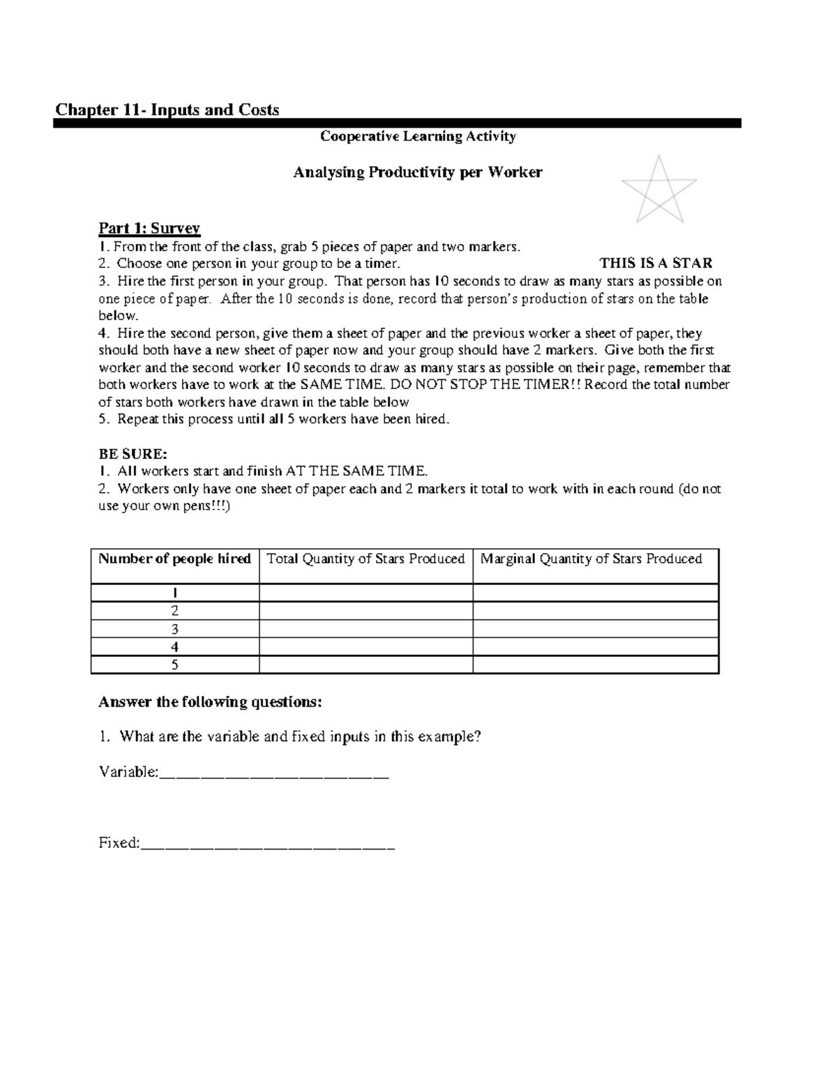 Chapter 11 - Exercise on Inputs & Costs: Cooperative Learning Activity ...