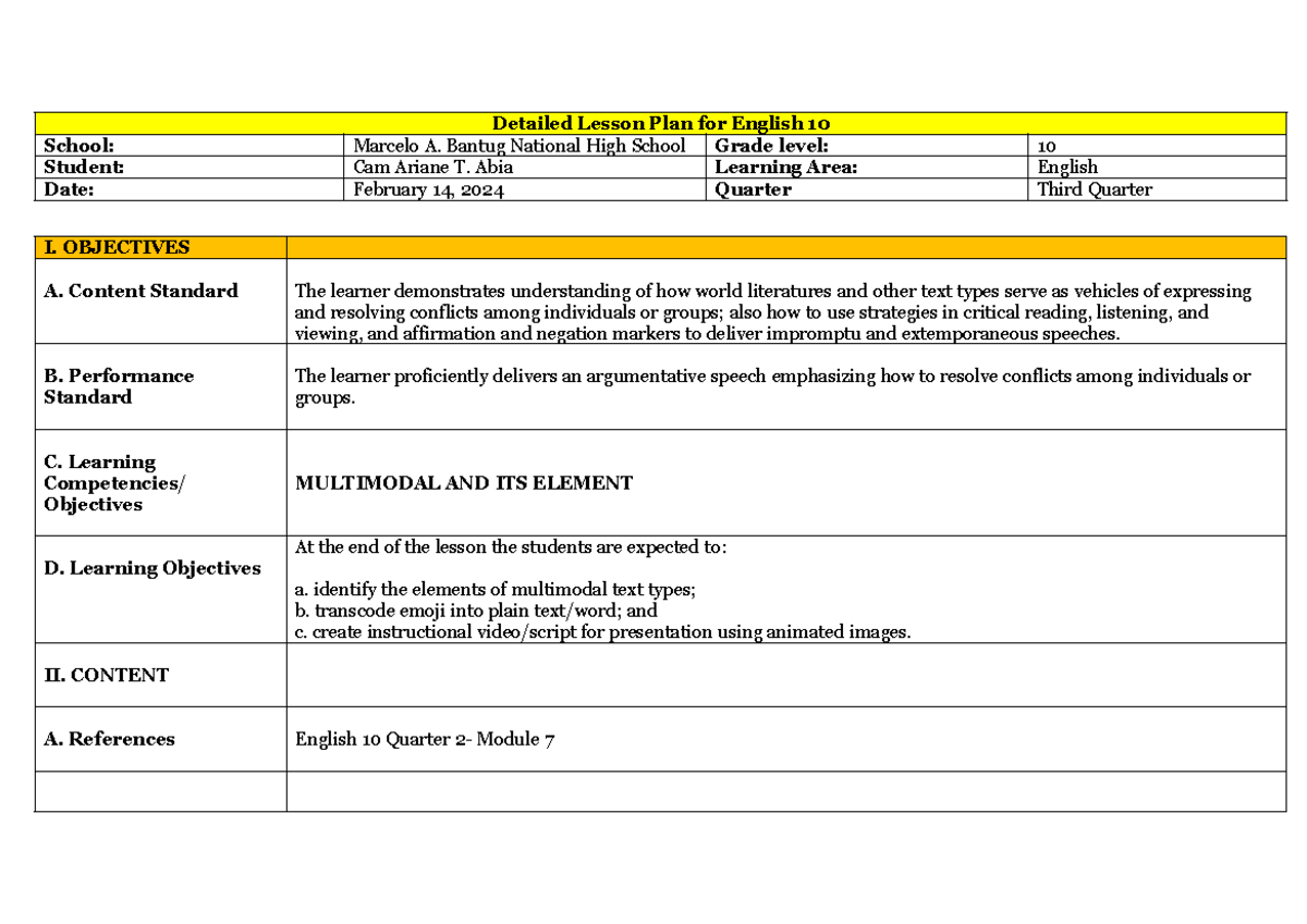 G10. Detailed Lesson Plan on Multimodal Elements in English - Studocu