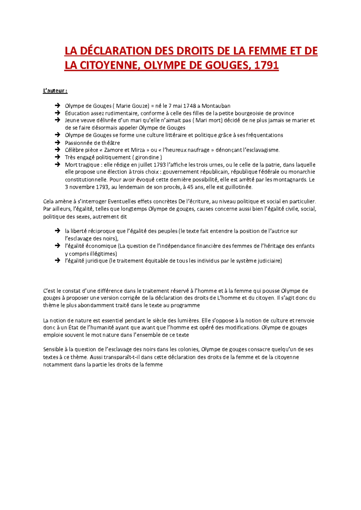 Fiche de Révision: Olympe de Gouge et ses Lutteurs pour l'Égalité - Studocu