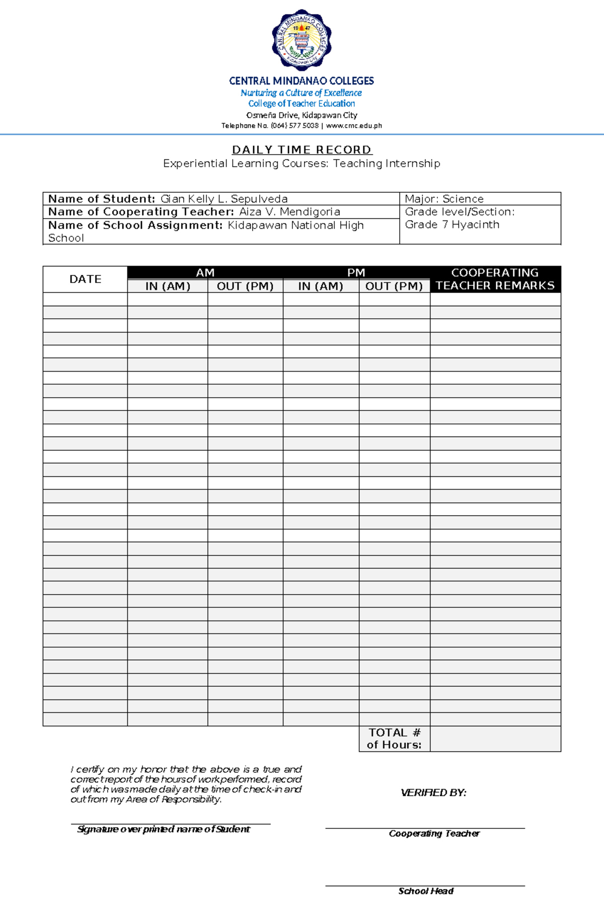 Daily TIME Record Internship - CENTRAL MINDANAO COLLEGES Nurturing a ...