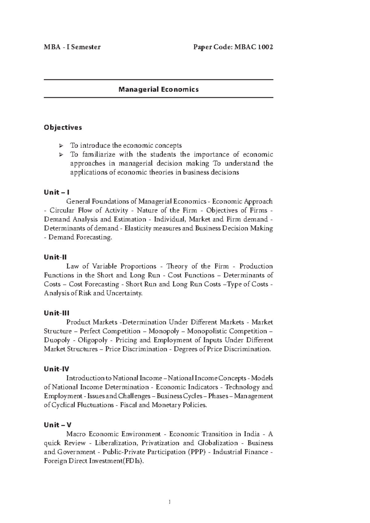 MBA Managerial Economic Lecture Summary Notes - MBA - I Semester Paper ...