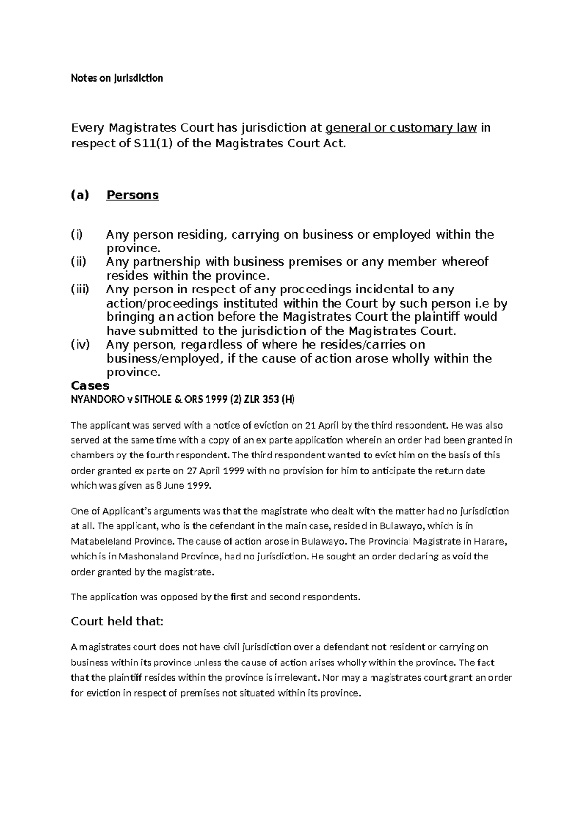 Civil Procedure Notes: Jurisdiction in Magistrates Court (CIV 101 ...
