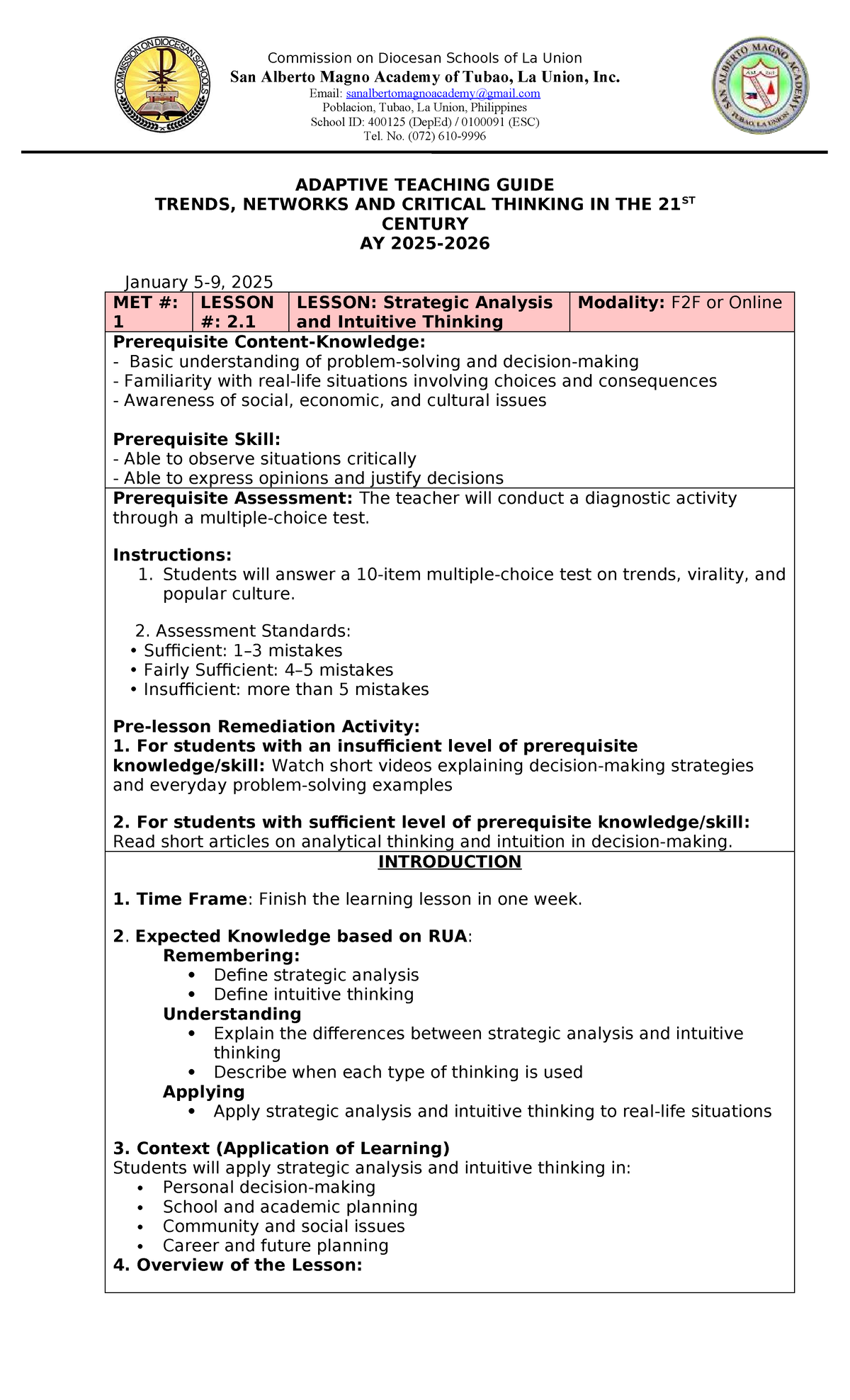 Strategic Analysis & Intuitive Thinking Lesson Plan (21st Century ...