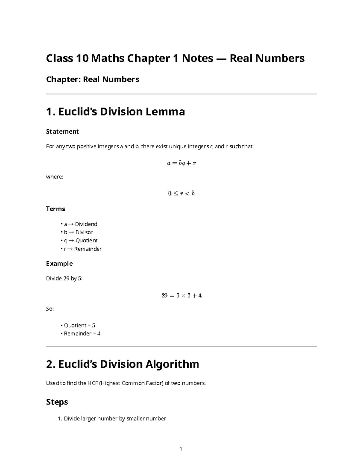 Class 10 Maths Chapter 1 Notes: Real Numbers & Key Concepts - Studocu