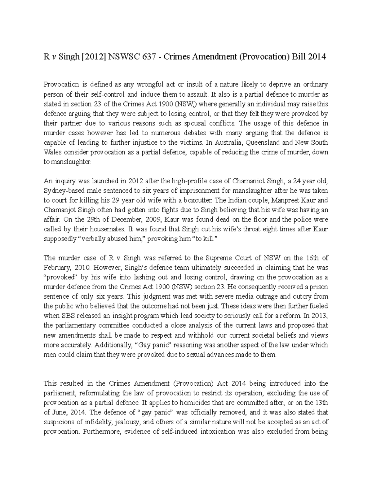 R v Singh & 2014 Provocation Law Reform: Analysis & Implications - Studocu