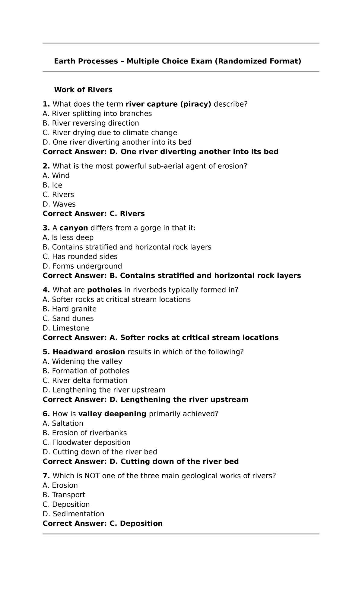 Earth Processes MC Exam: Work of Rivers, Wind, and Groundwater - Studocu