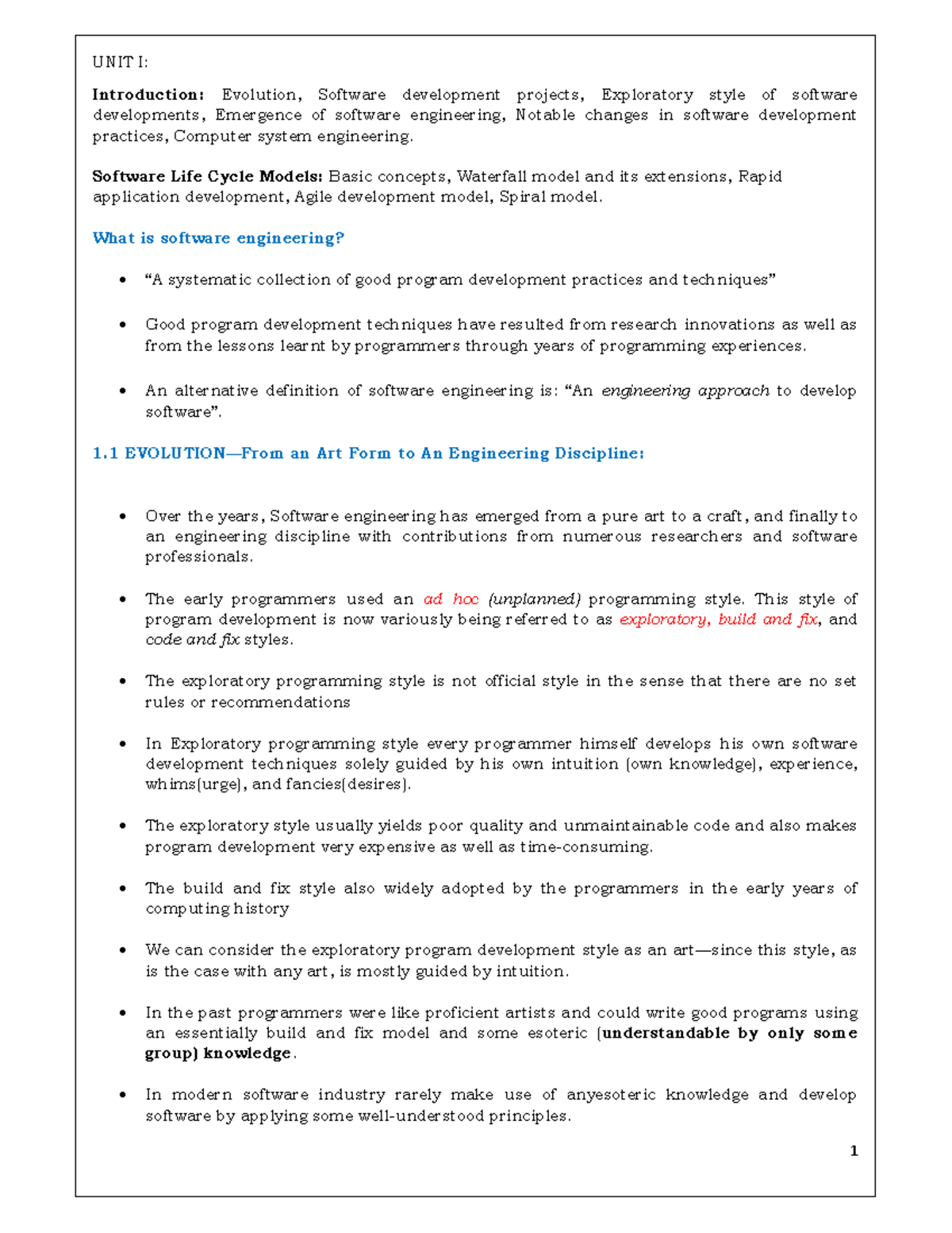 SE UNIT-I: Introduction to Software Engineering and Development Models ...