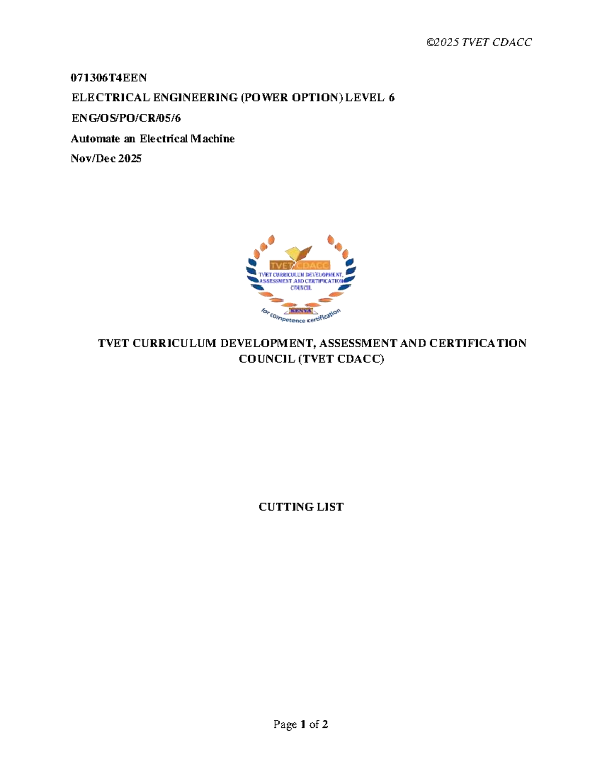 Cutting list Automate an electrical machine Level 6 - Diploma in electrical engineering - Studocu