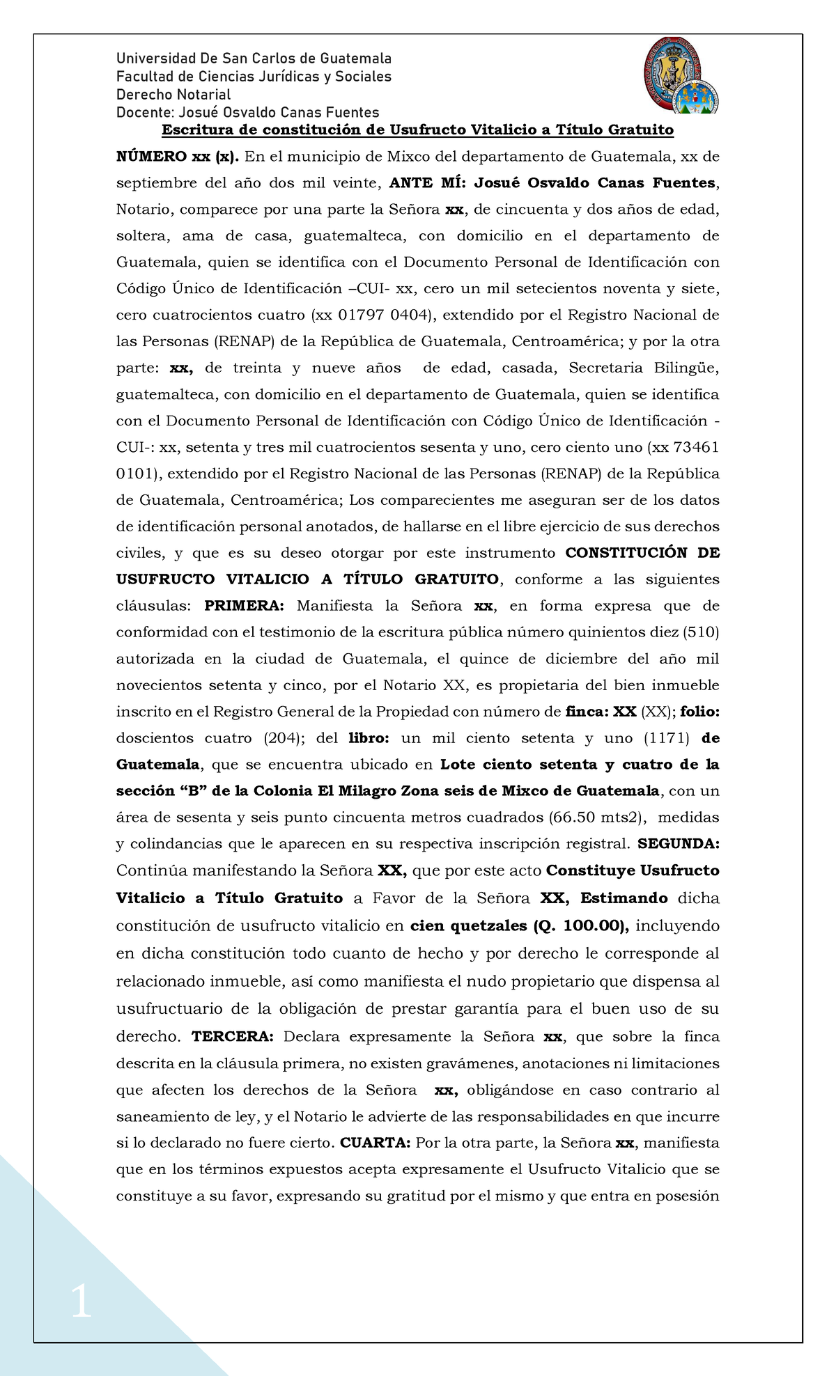 Escritura de Constitución de Usufructo Vitalicio - Derecho Notarial ...