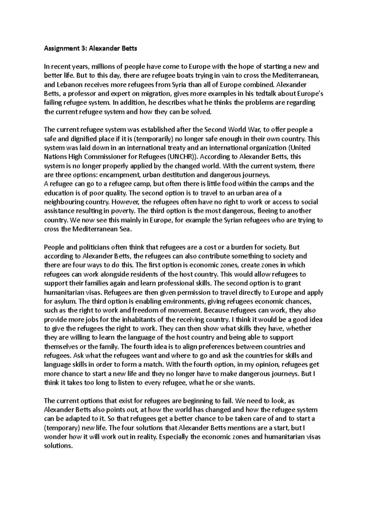Assignment 3: Analysis of Alexander Betts on Refugee Solutions ...