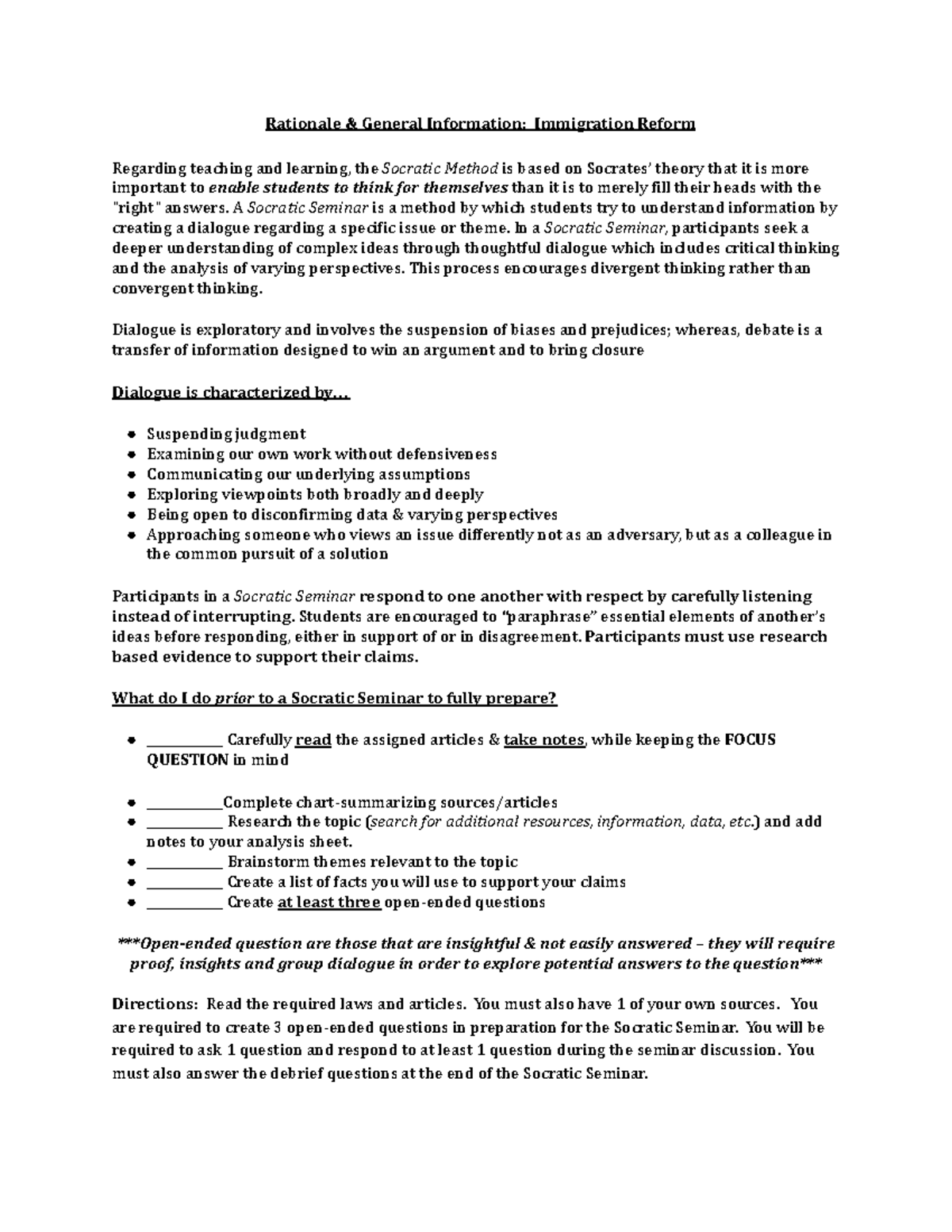 Socratic Seminar Immigration Reform - Rationale & General Information ...