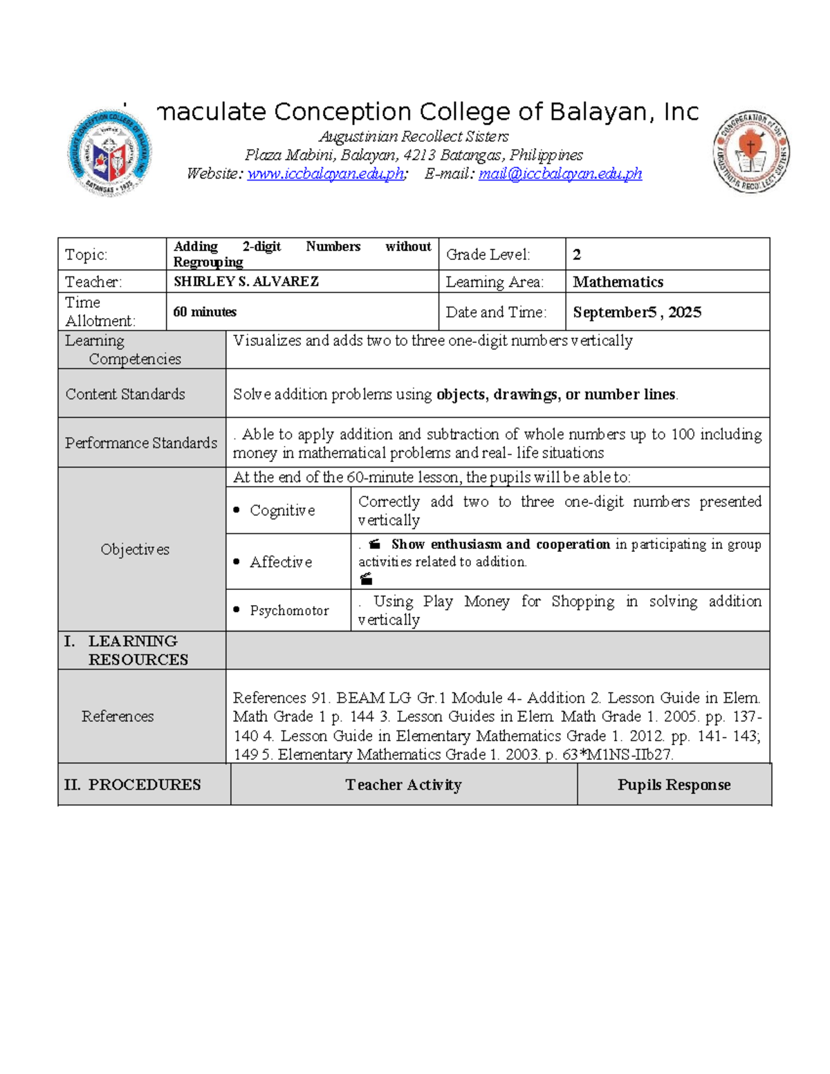 Mathematics Lesson Plan: Vertical Addition for Grade 2 - Studocu