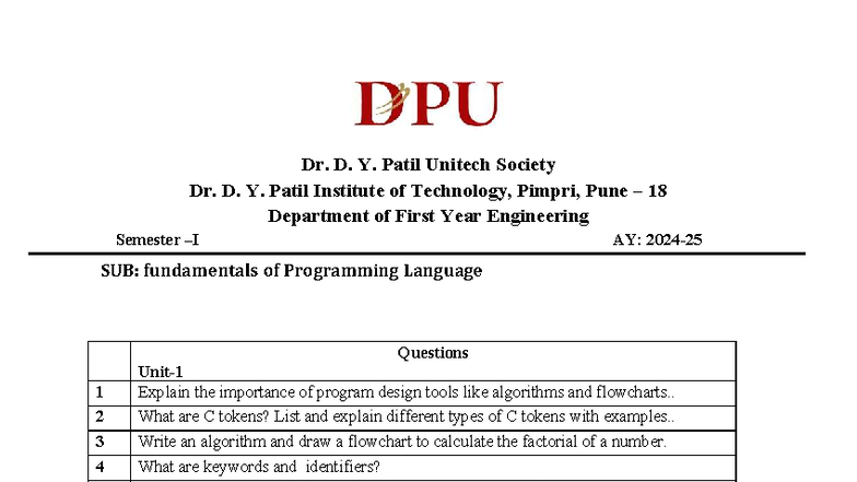 FPL Question Bank: Fundamentals of Programming Language (FY Engg) - Studocu