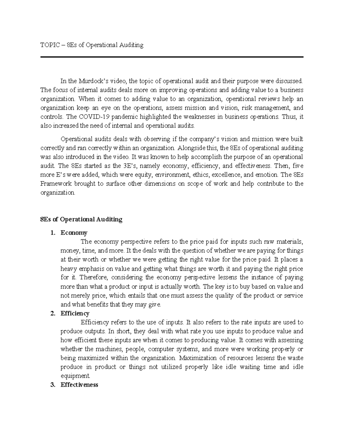 8Es Framework of Operational Auditing: Insights and Applications - Studocu