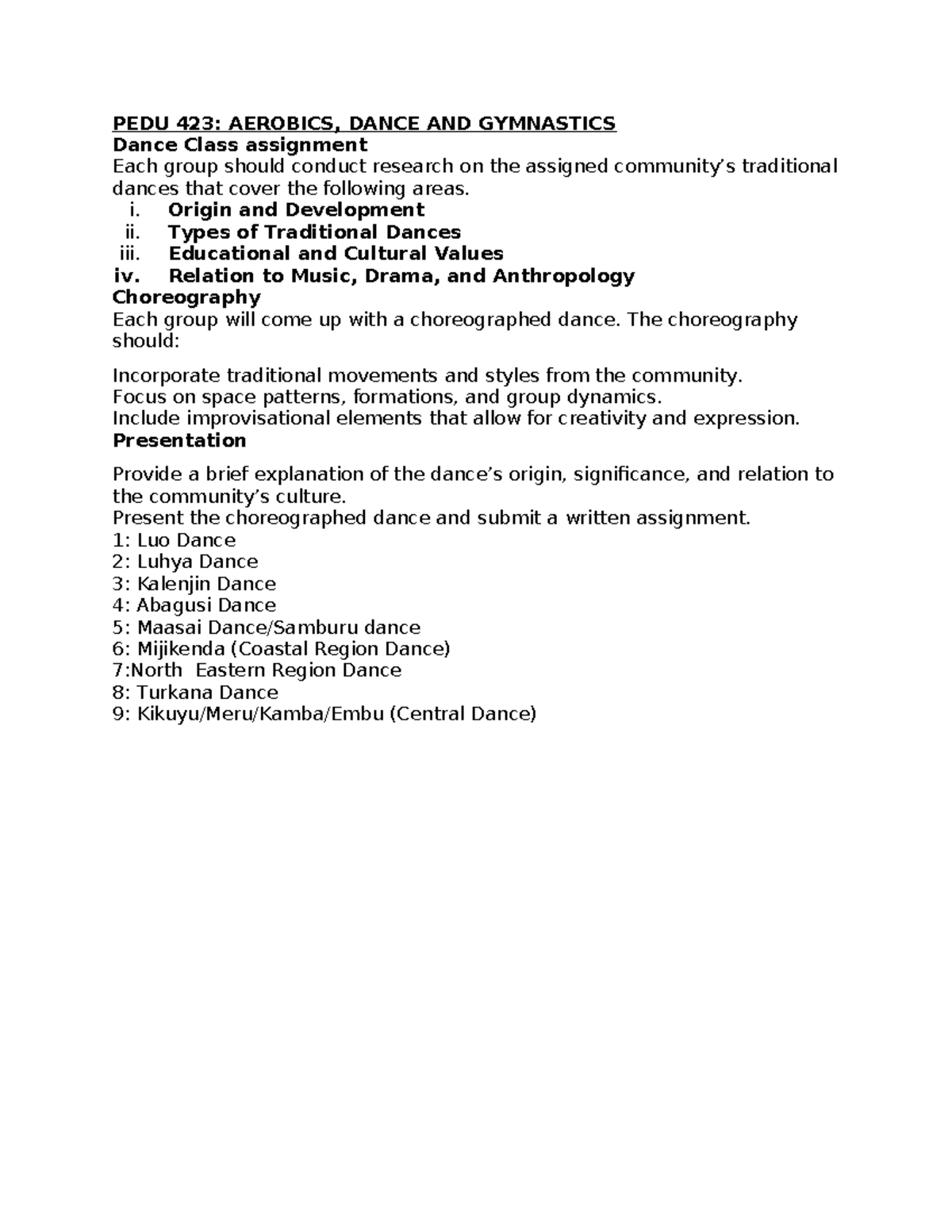 PEDU 423: Traditional Dance Research & Choreography Assignment - Studocu