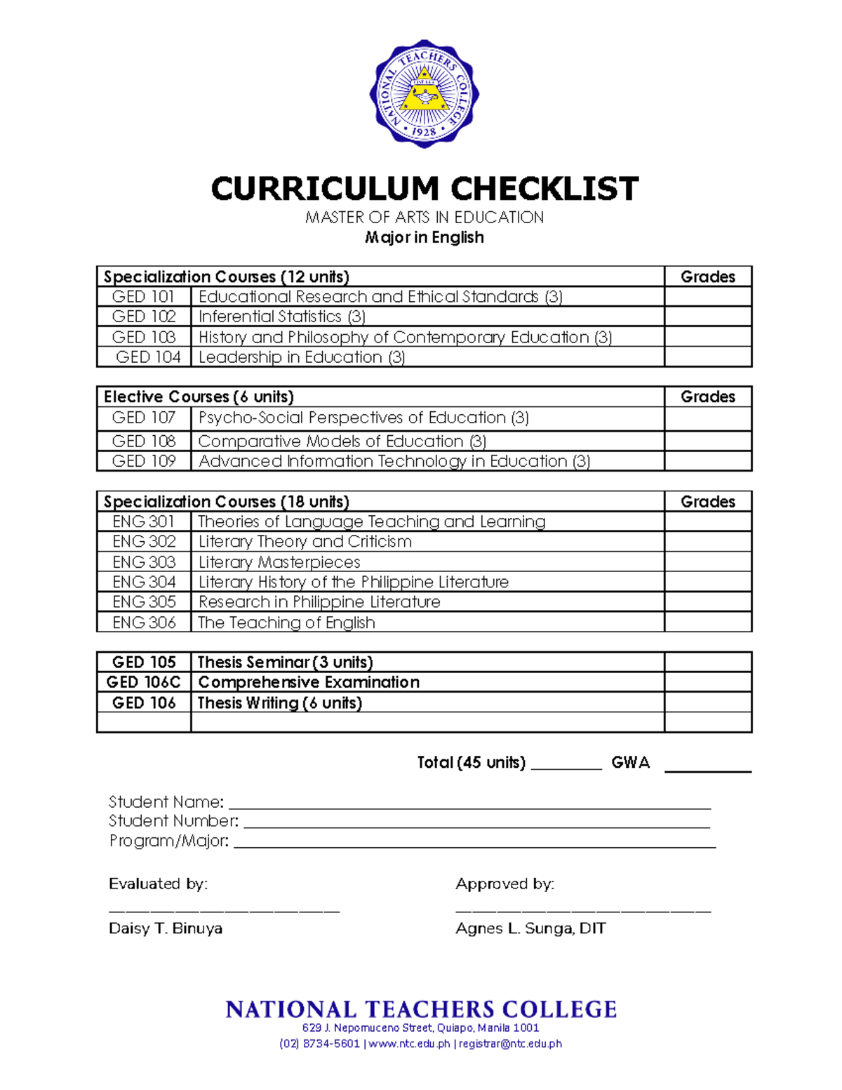 Checklist MAED English - CURRICULUM CHECKLIST 629 J. Nepomuceno Street ...