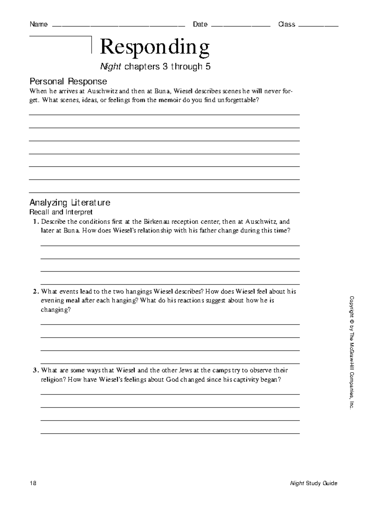 Night Chapters 3-5 Study Guide - Co pyright © by The Mc Graw-Hill Co ...