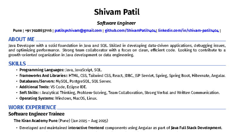 Shivam Patil's Resume - Java Developer & Software Engineer - Studocu