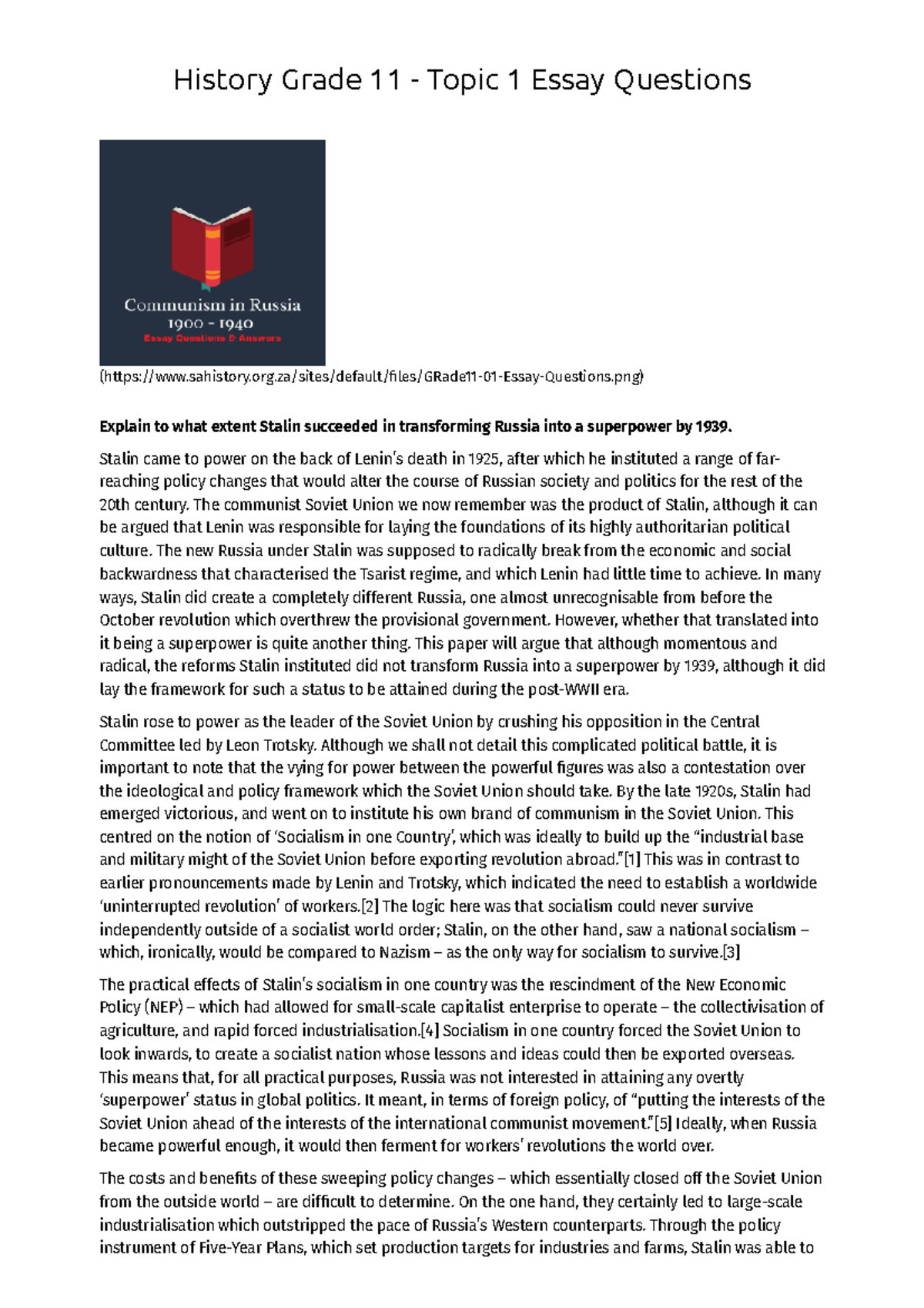History 11 - Essay Questions on South African History (Topic 1) - Studocu