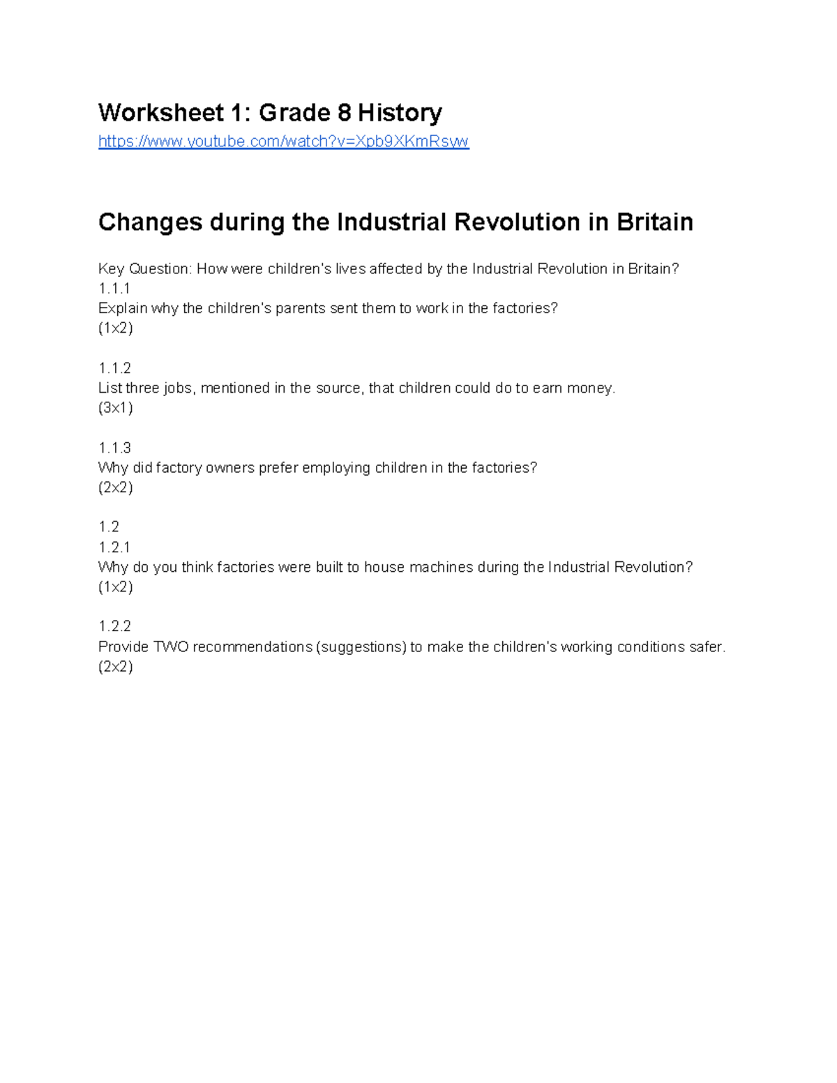 Worksheet 1: Grade 8 History on Industrial Revolution Impacts - Studocu