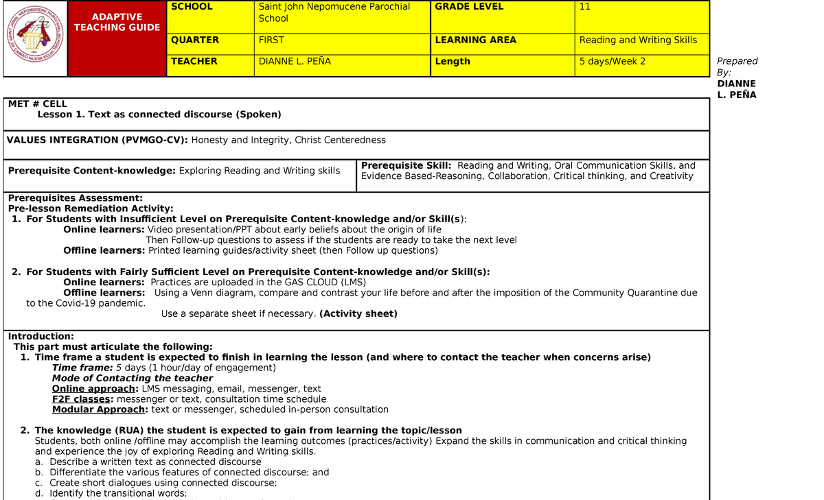 W2-ATG-RWS - Adaptive Teaching Guide for Grade 11 Reading Skills - Studocu
