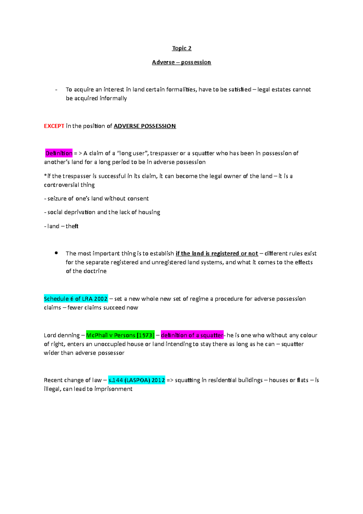 Topic 2 -Adverse possession - Topic 2 Adverse – possession To acquire ...