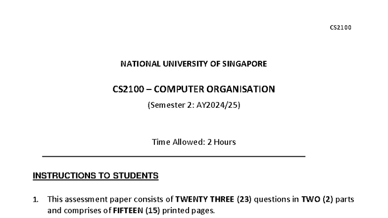 CS2100 Final Exam Questions - Computer Organisation (24S2) - Studocu