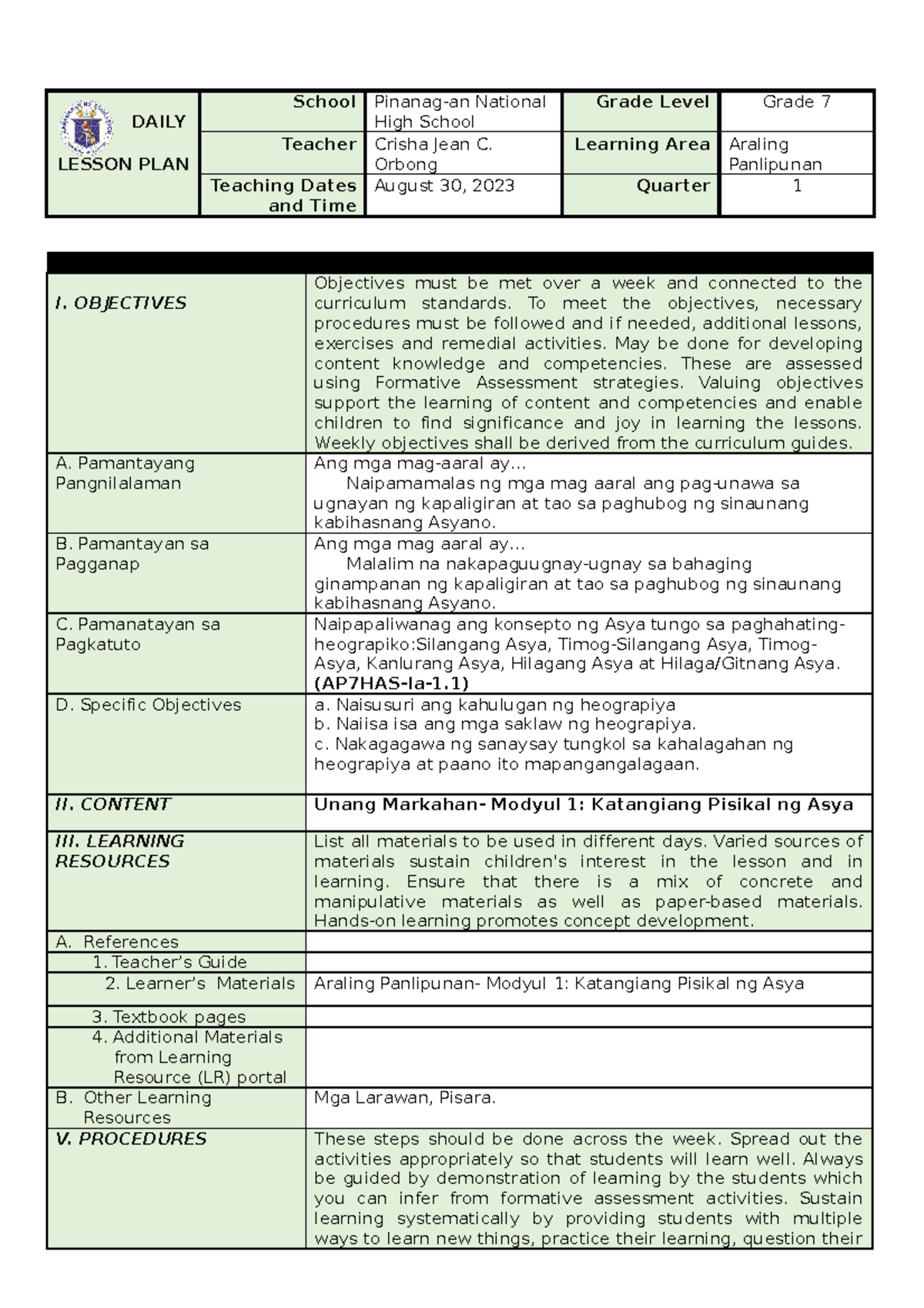 AP DLP - GRADE 7-9 LESSON PLANS ON ARALING PANLIPUNAN - Studocu