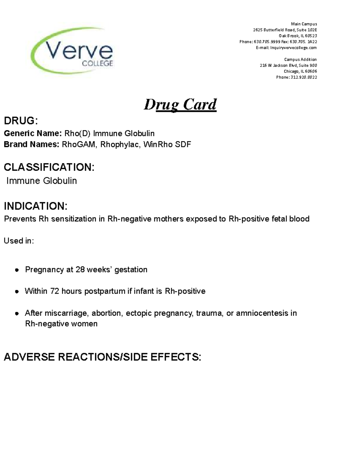 Drug Card: RhoGAM Overview and Nursing Considerations - Studocu