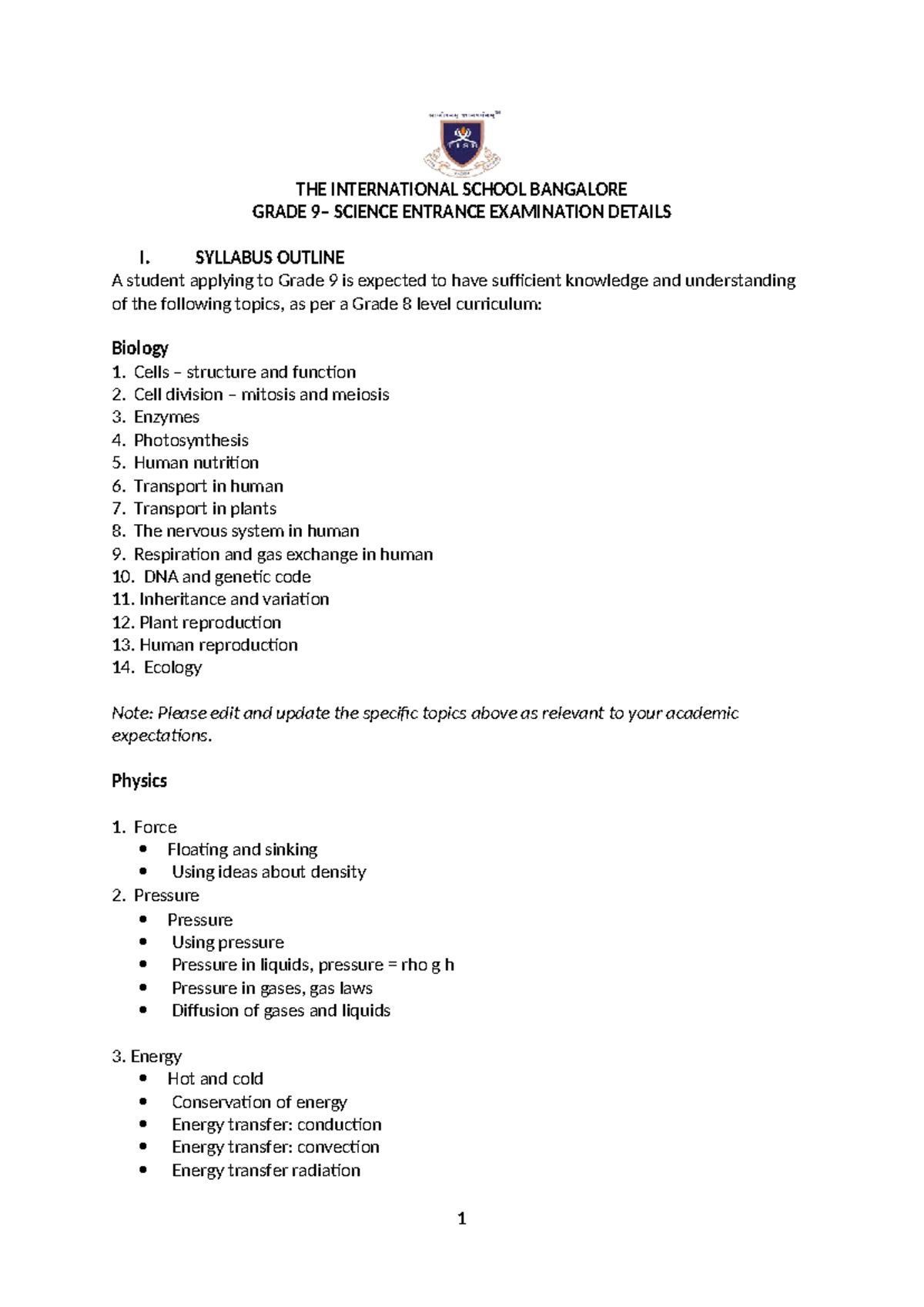 Grade 9 Science Entrance Exam Details - TISB Syllabus Outline - Studocu