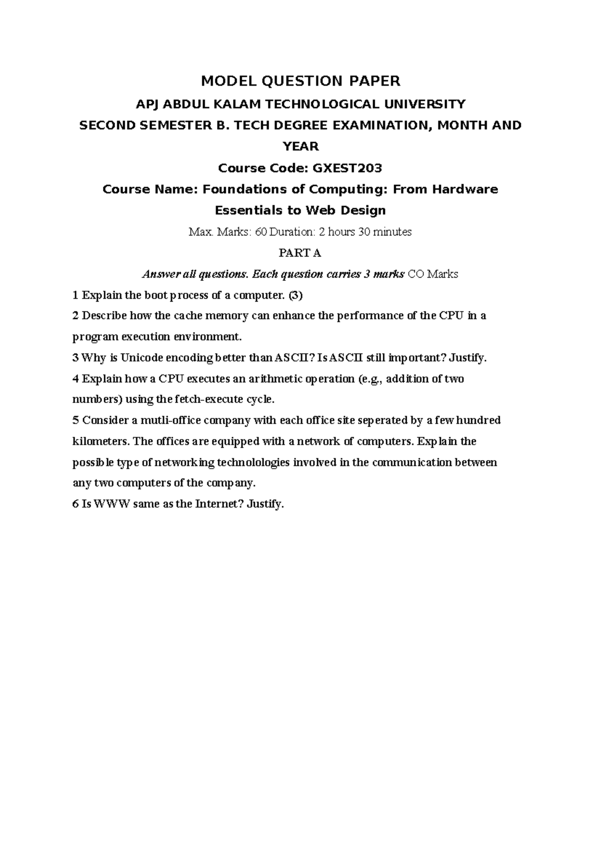 Model Question Paper: GXEST203 Foundations of Computing - B. Tech 2nd ...