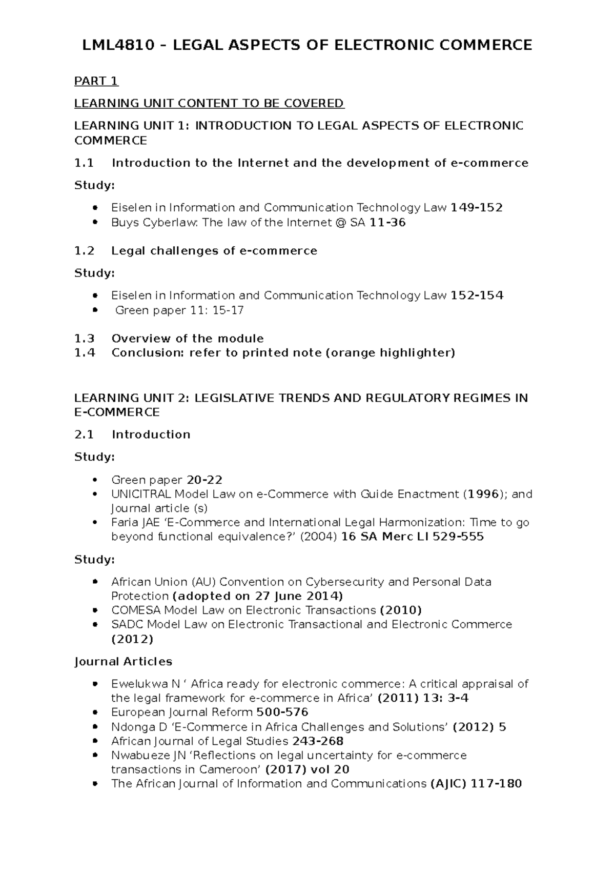 E-Commerce Legal Studies: Module Specific Articles (Units 1-8) - Studocu